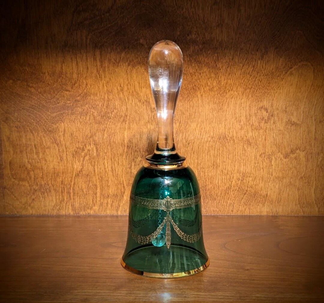Czech Bohemian Emerald Green Glass Table Bell With Etched Gold Drape ...