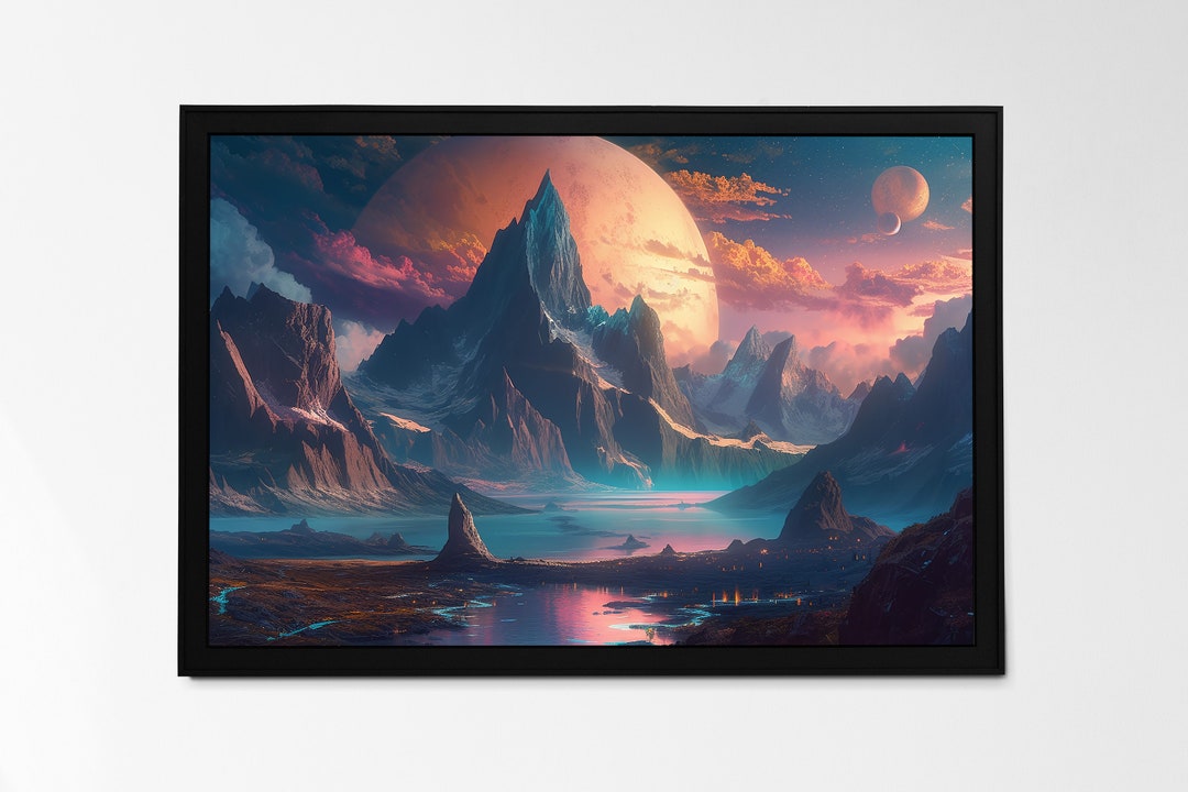 Celestial Tundra: Alien, Mountain Tundra, Surreal Sky, Giant Moon,misty ...