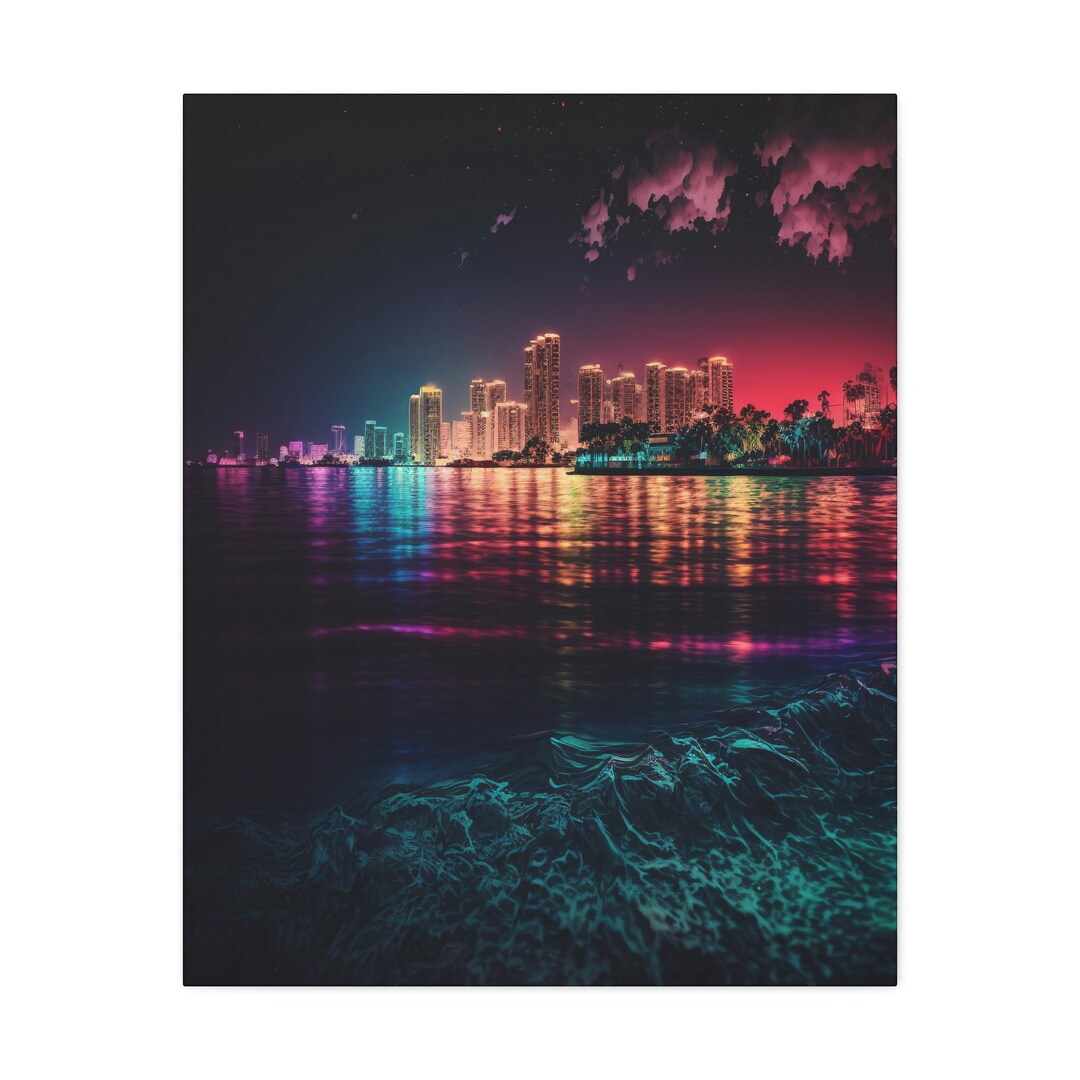 Neon Dreams (vertical):neon Beach Art, Seascape, City Skyline, Coastal ...