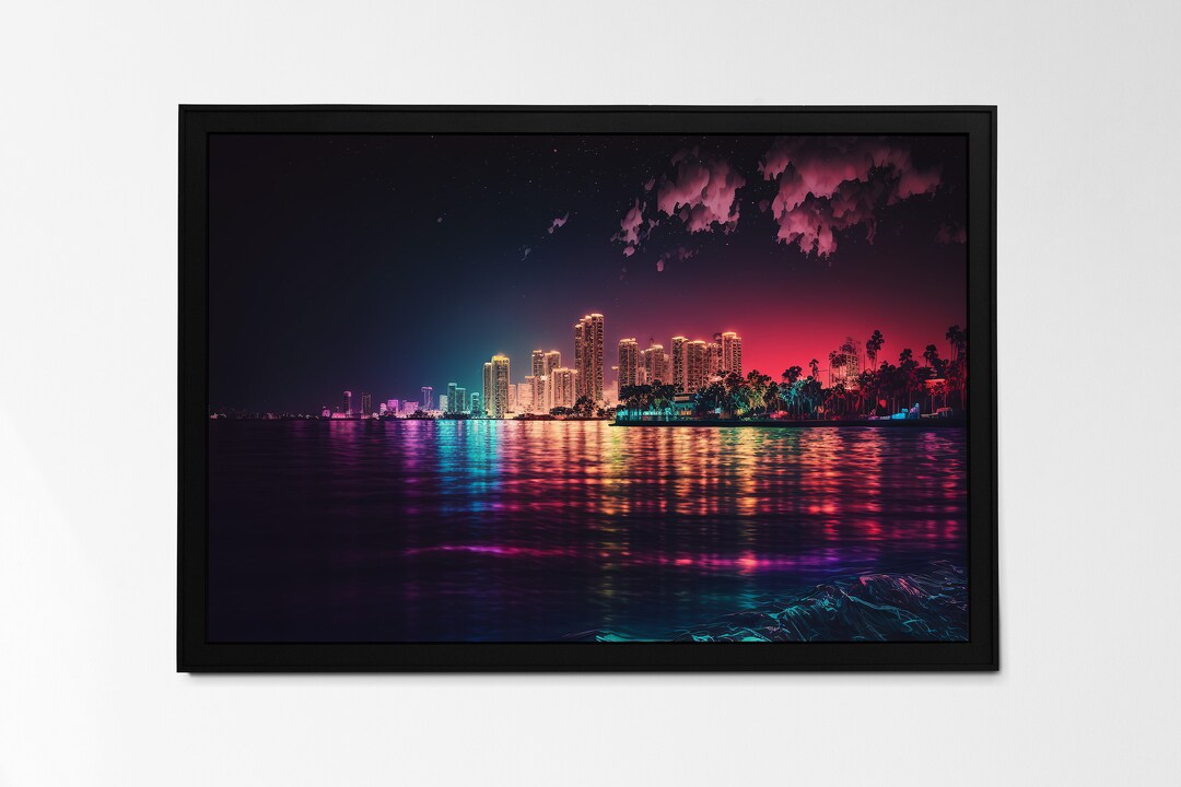 Neon Dreams:- Neon Beach Art, Seascape, City Skyline, Coastal Decor ...