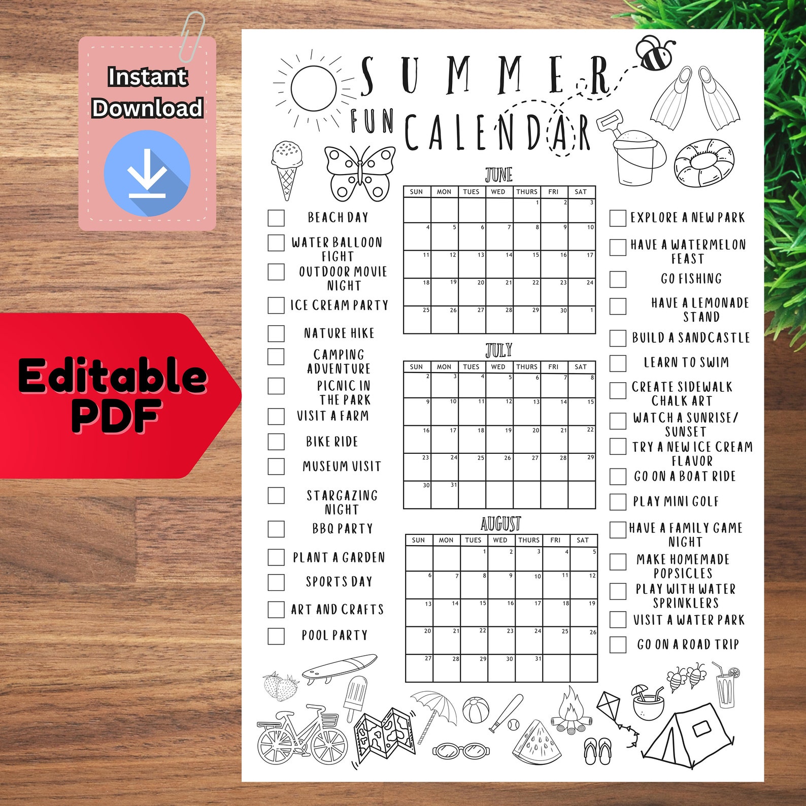 Summer Calendar Poster Editables Summer Activities Calendar - Etsy