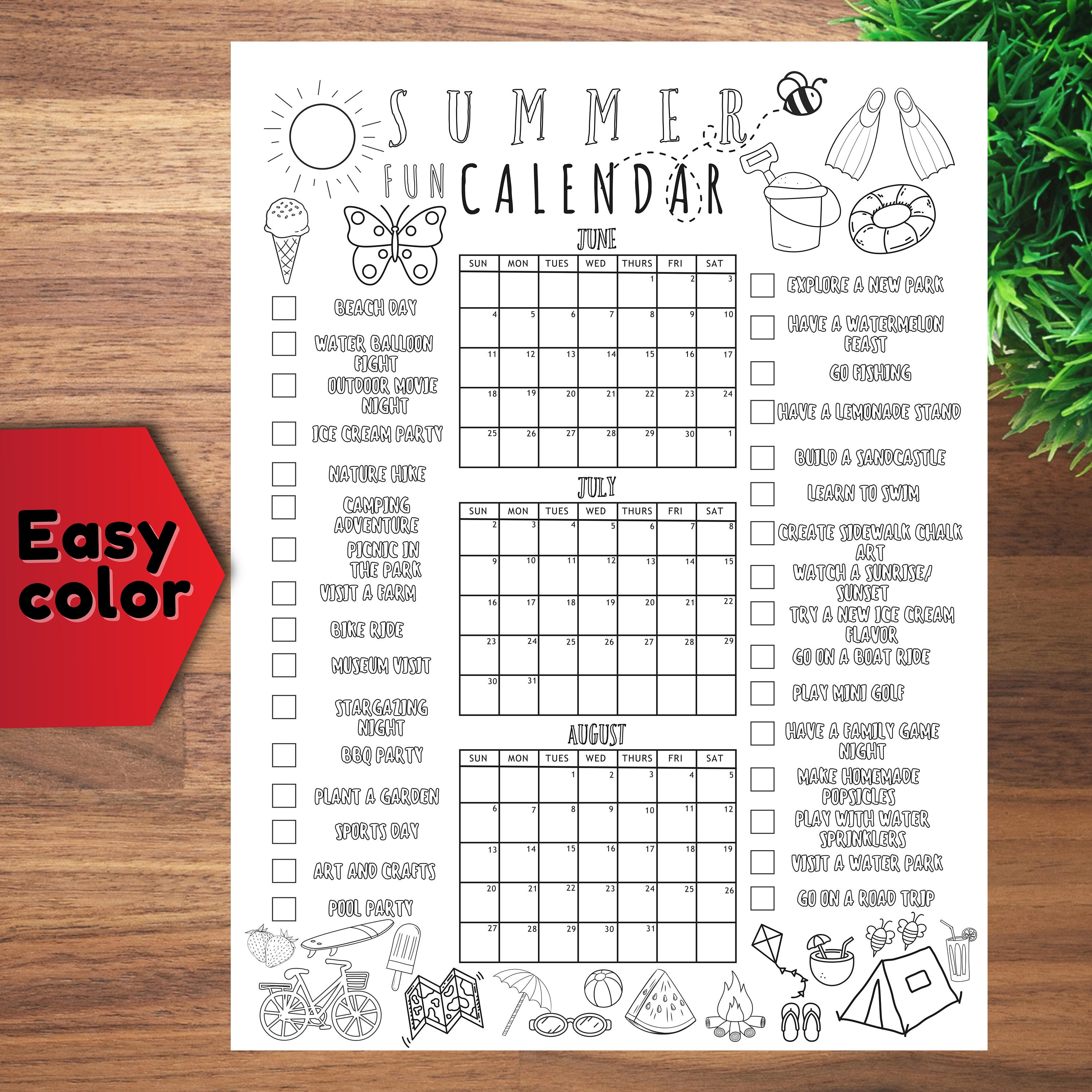 Summer Calendar Poster Editables Summer Activities Calendar - Etsy