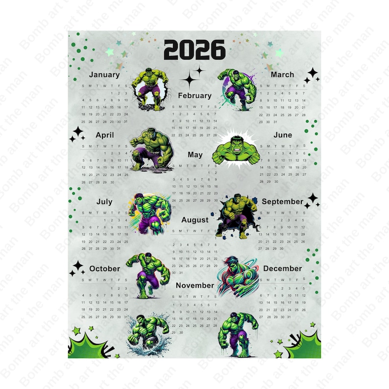 2026 Calendar, Hulk Calendar 2026, Printable Kids Calendar, Super Hero ...