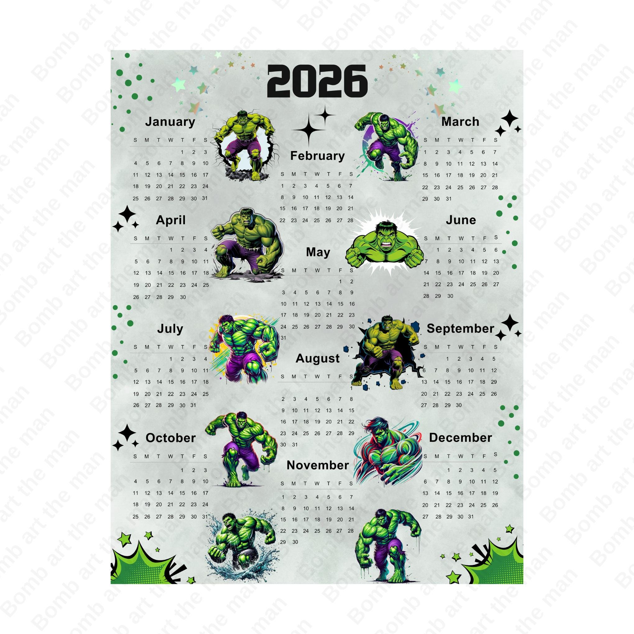 2026 Calendar, Hulk Calendar, Printable Kids Calendar, Super Hero ...