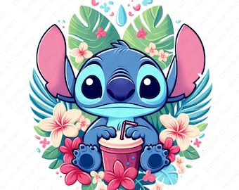 Stitch With Flowers Clipart, Cute Stitch Clipart, Stitch Png, Transparent Design, Instant ...