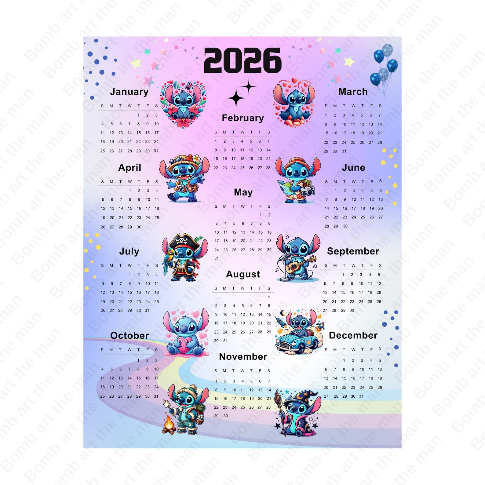 2026 Calendar, Stitch Cute Calendar, Printable Kids Calendar, Calendar ...