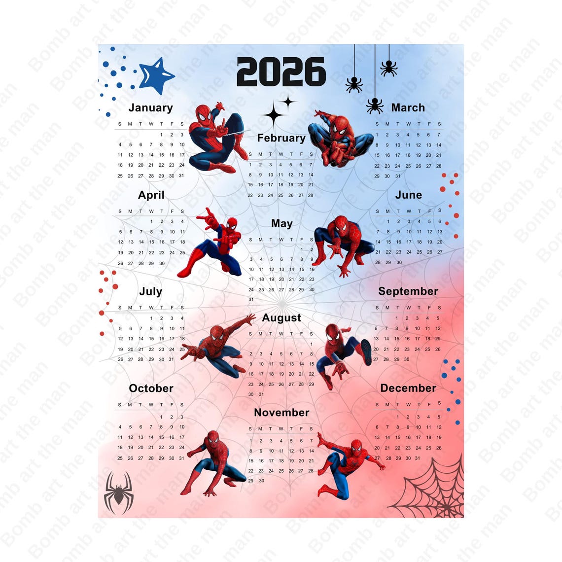 2026 Calendar, Spiderman Calendar, 2026 Printable Kids Calendar, Super ...