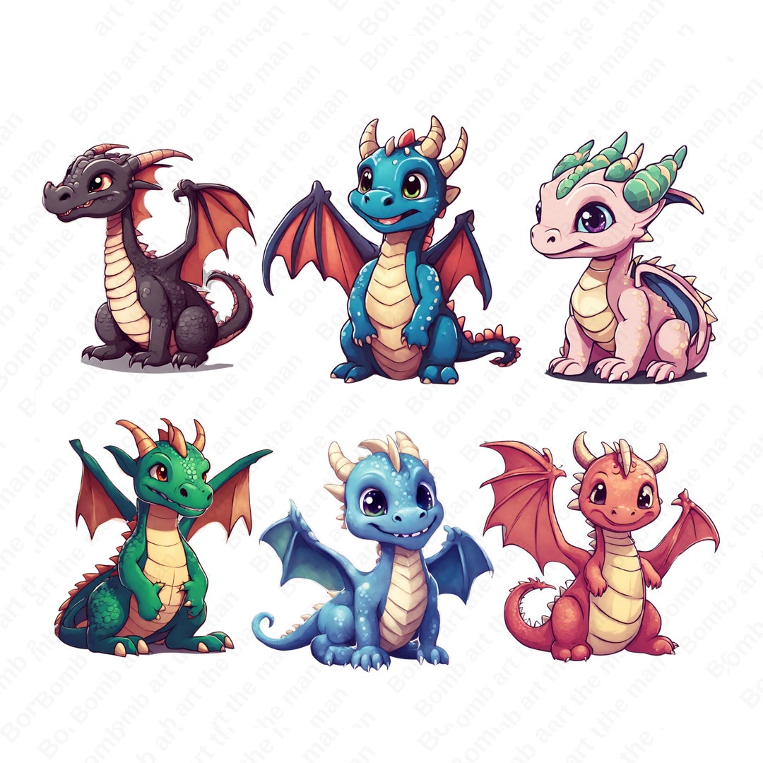 Cute Dragons Clipart Set, Cute Dragon Png Bundle, 6 Pcs Cartoon Dragon ...