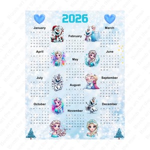 2026 Calendar, Frozen Calendar, Printable Kids Calendar, Princess Elsa ...