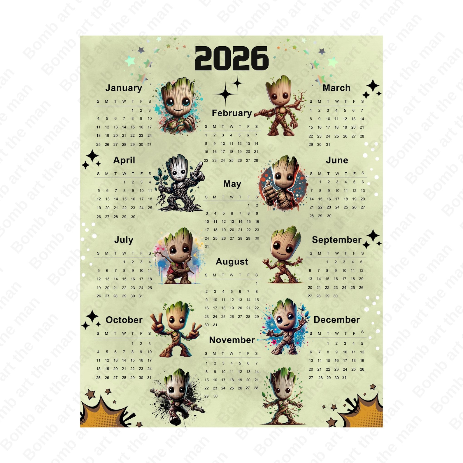 2026 Calendar, Groot Calendar, Printable Kids Calendar, Groot Calendar ...