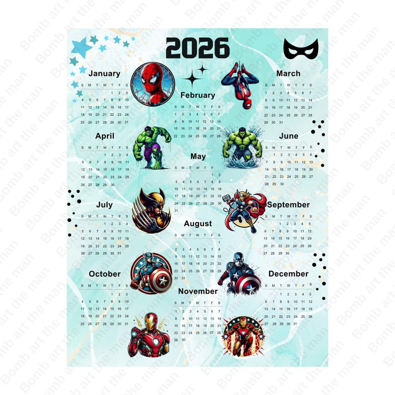 2026 Calendar, Super Hero Calendar, Printable Kids Calendar, 2026 ...