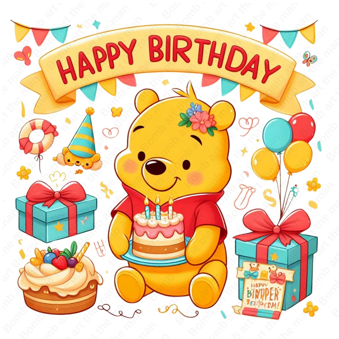 Winnie the Pooh Birthday Clipart, Winnie the Pooh Png, Birthday Design, Instant Download - Etsy