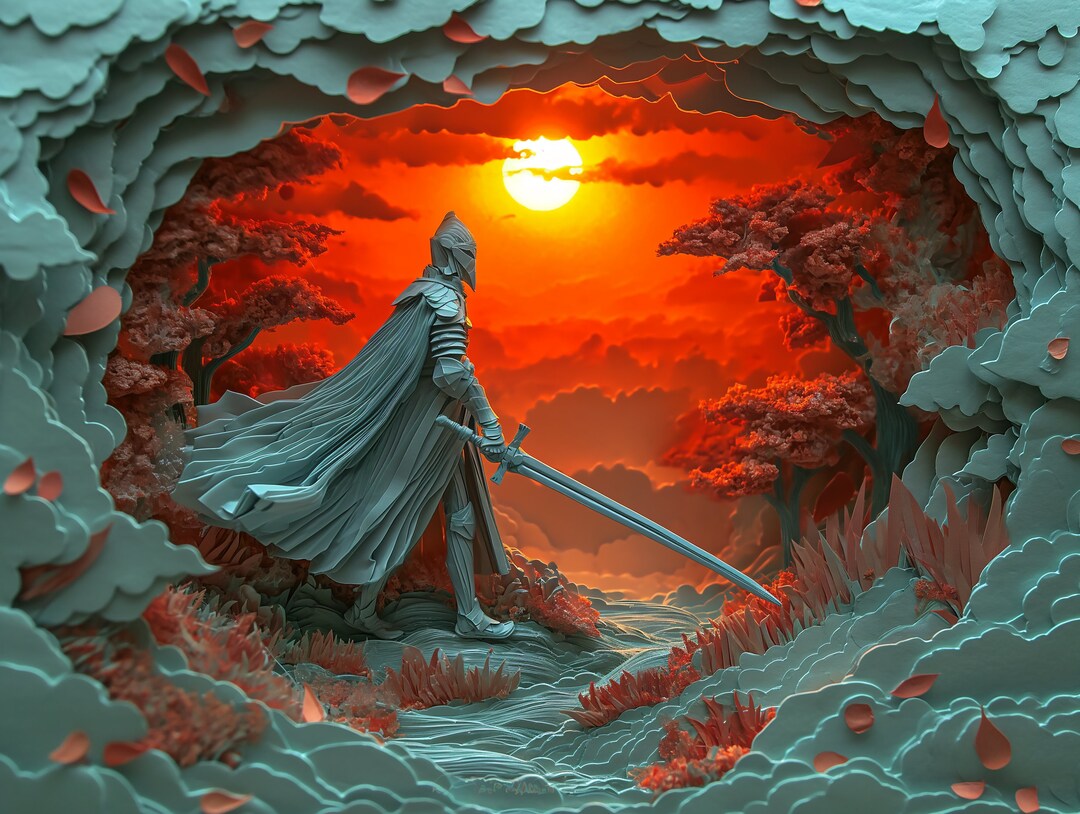 Knight Walking Through Sunset Forest in Paper Quilling Style - Digital Art - Etsy