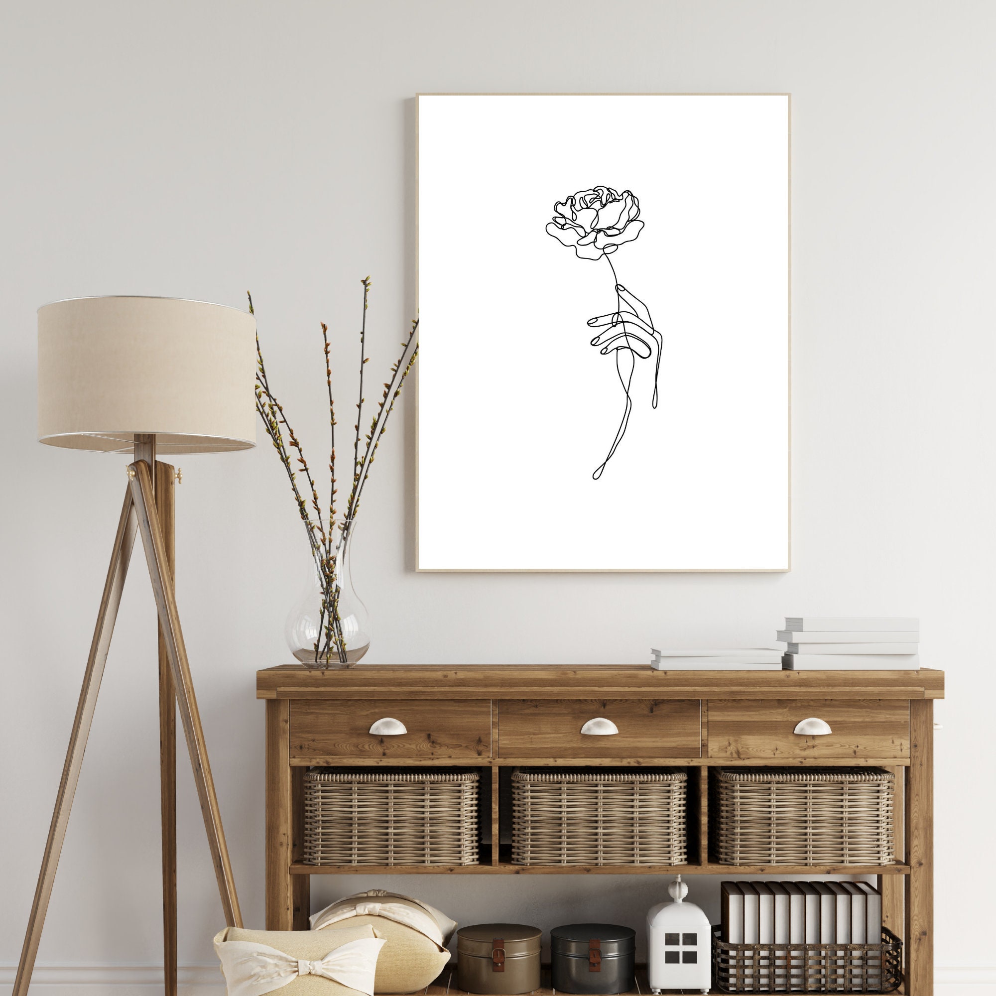 Flower Hand Art Print, Hand Holding Flowers Wall Print, Minimalist Line ...