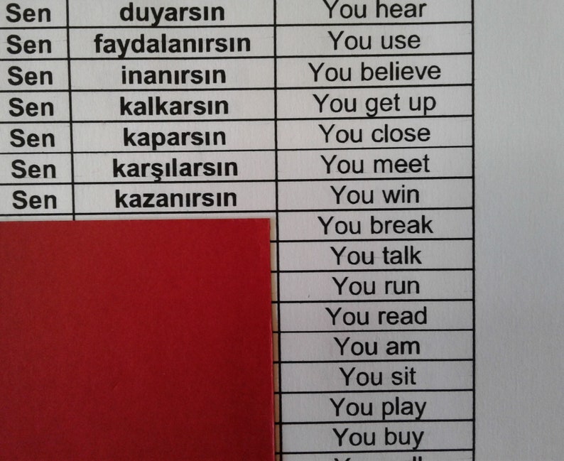 Practice Turkish Verbs - Present Tense With You/sen Printable (PDF ...