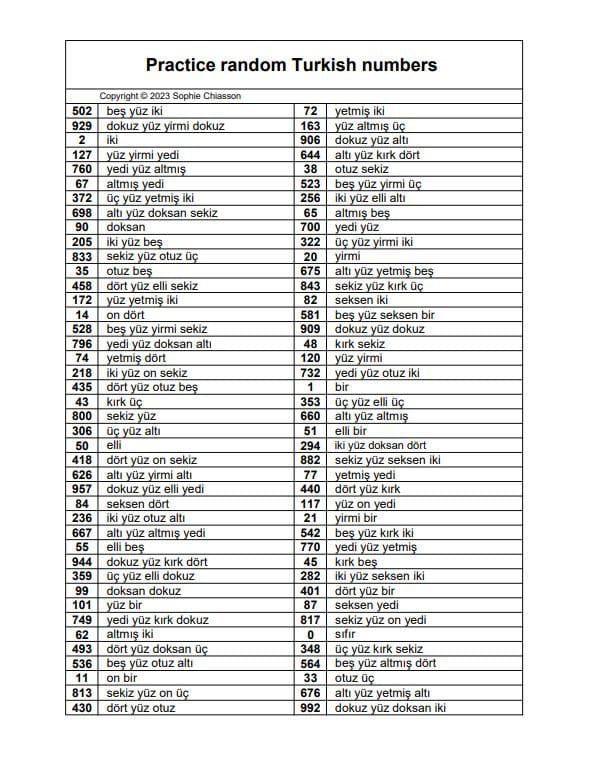Practice Random Turkish Numbers Printable (PDF) - Etsy