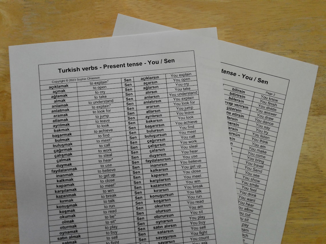 Practice Turkish Verbs - Present Tense With You/sen Printable (PDF ...