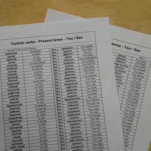 Practice Turkish Verbs - Present Tense With You/sen Printable (PDF ...