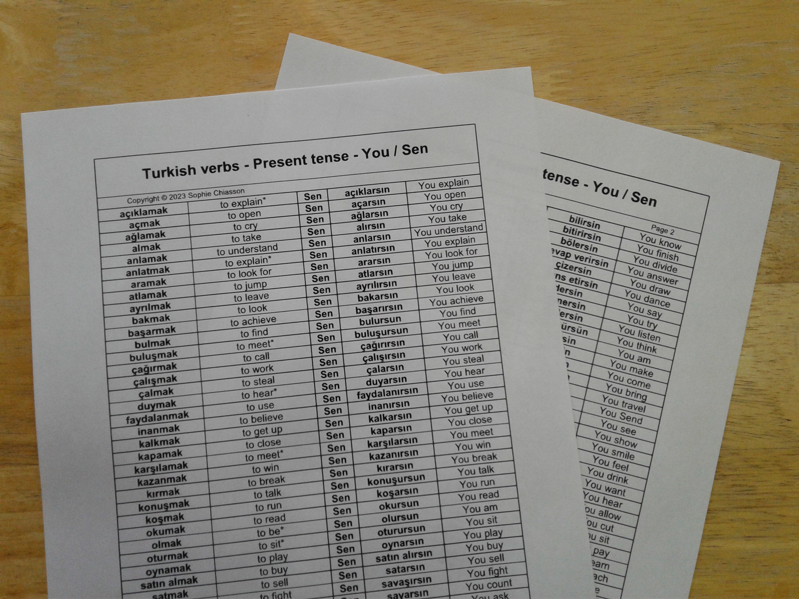 Practice Turkish Verbs - Present Tense With You/sen Printable (PDF ...