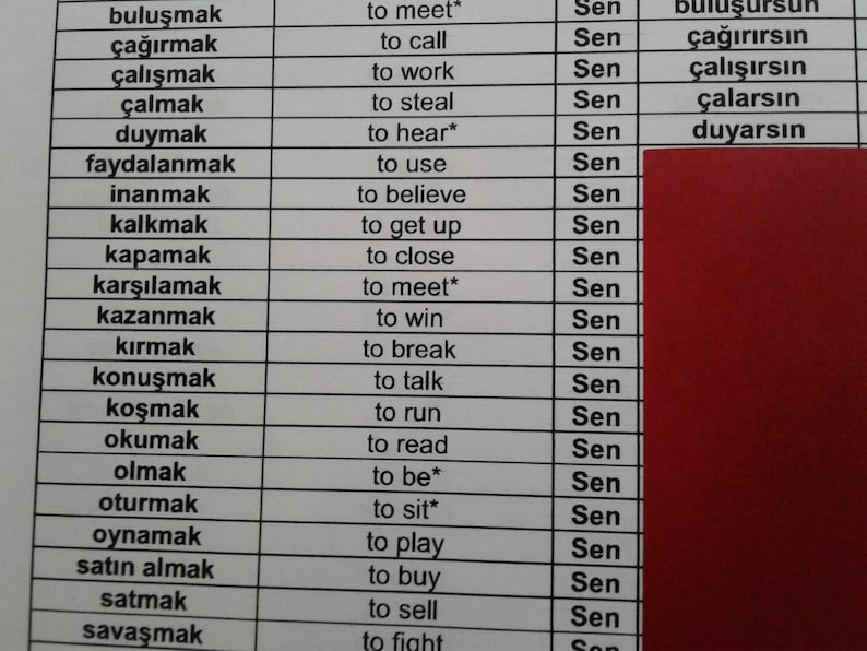 Practice Turkish Verbs - Present Tense With You/sen Printable (PDF ...
