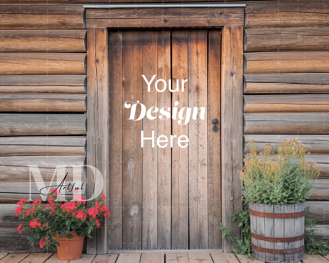 Rustic Wooden Door Mockup, Countryside Porch, Spring Exterior Front ...