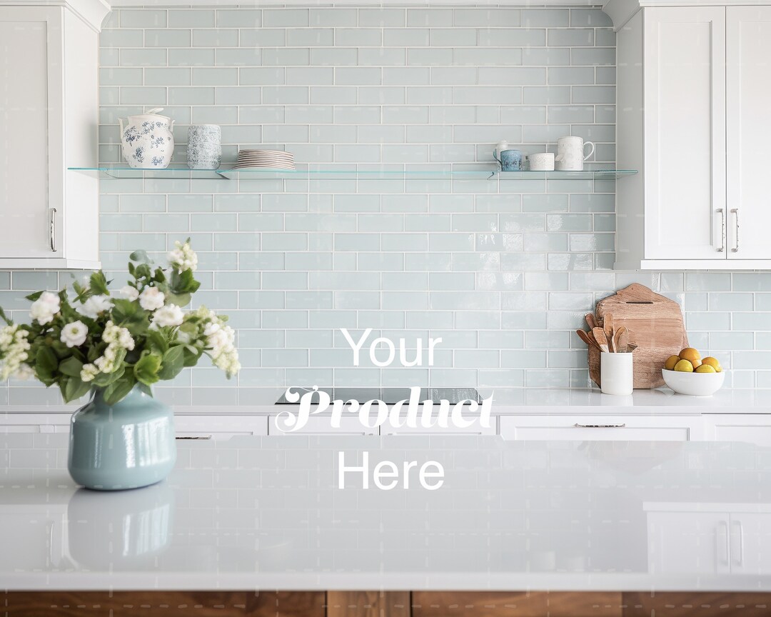 Coastal Blue Table Mockup, Minimalist Breezy Kitchen Background ...
