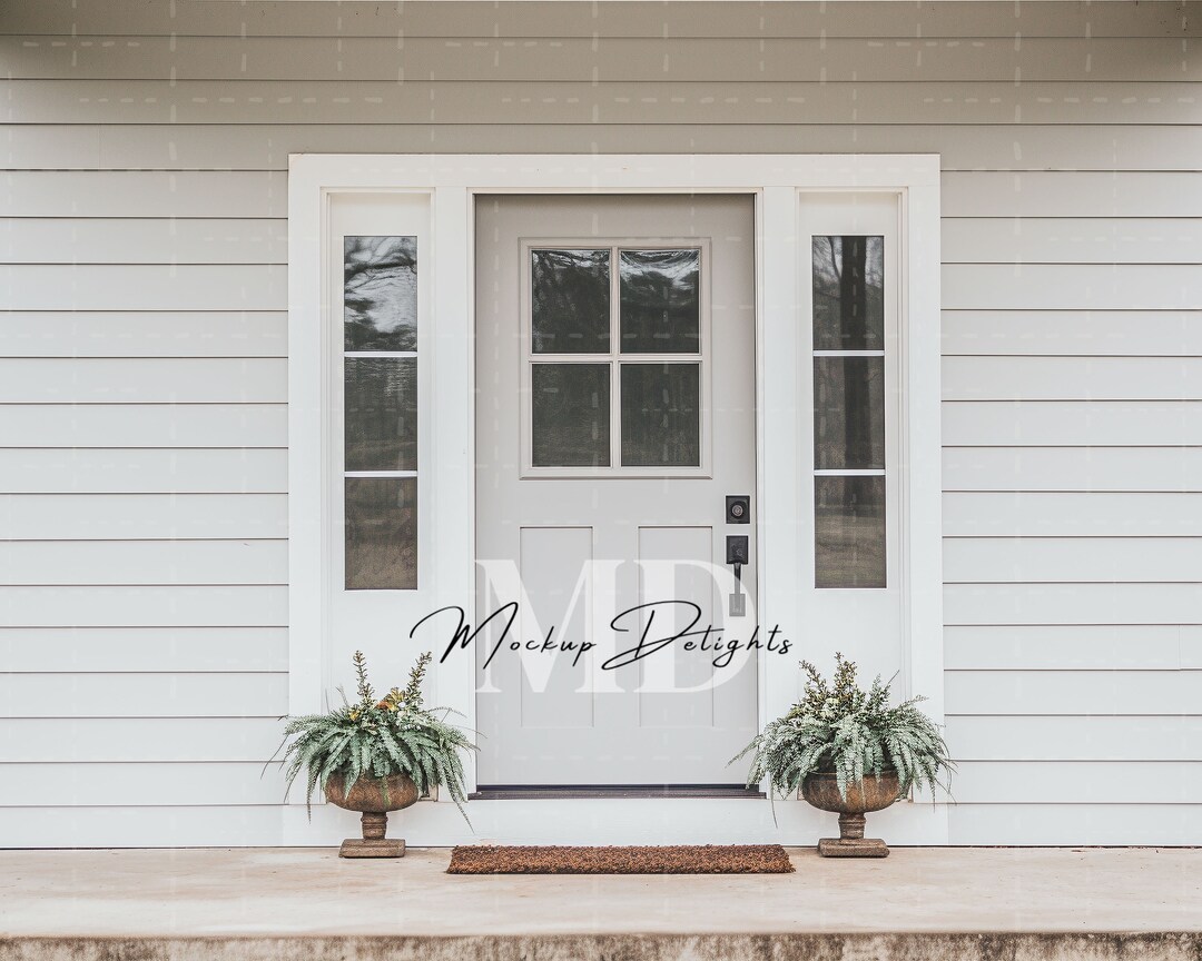 White Farmhouse Front Door Mockup, Exterior Porch Mockup, Rustic ...