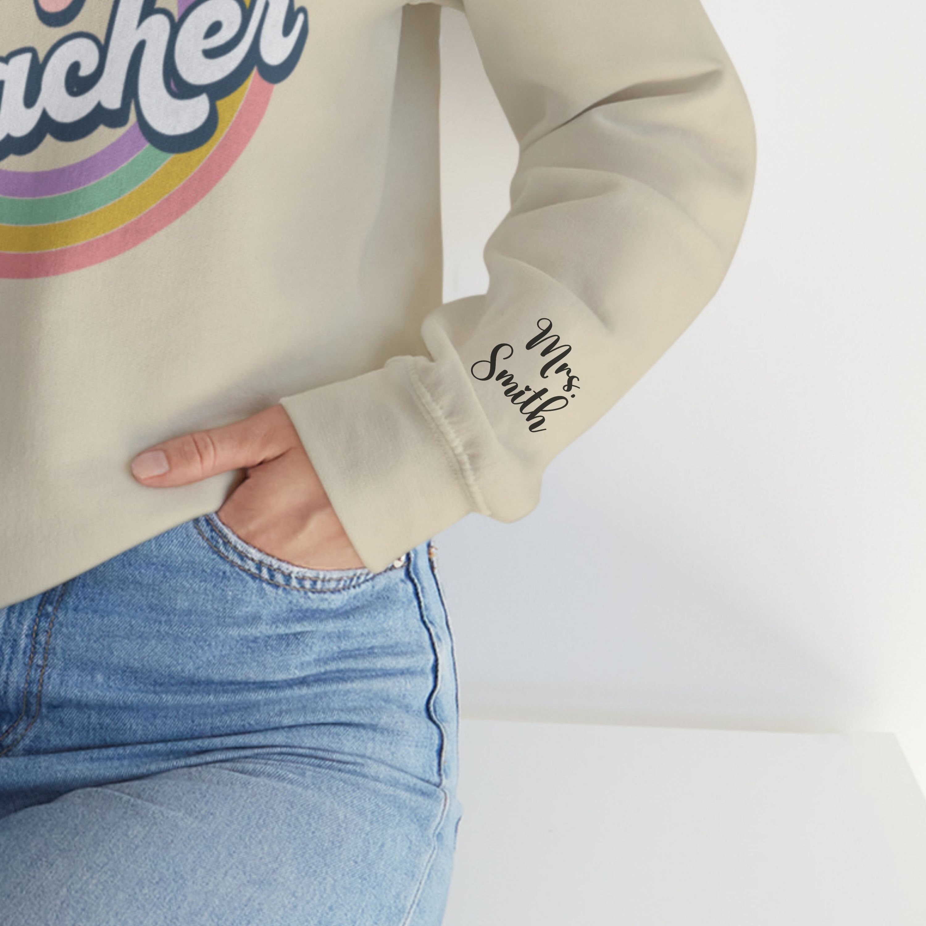 Personalized Sleeve Teacher Last Name Sweatshirt Cute Retro Etsy