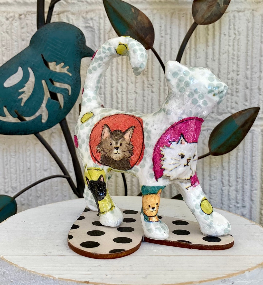 Paper Mache Cat / Feline Decoupaged Sculpture/ Cat Lover Gift / Folk ...