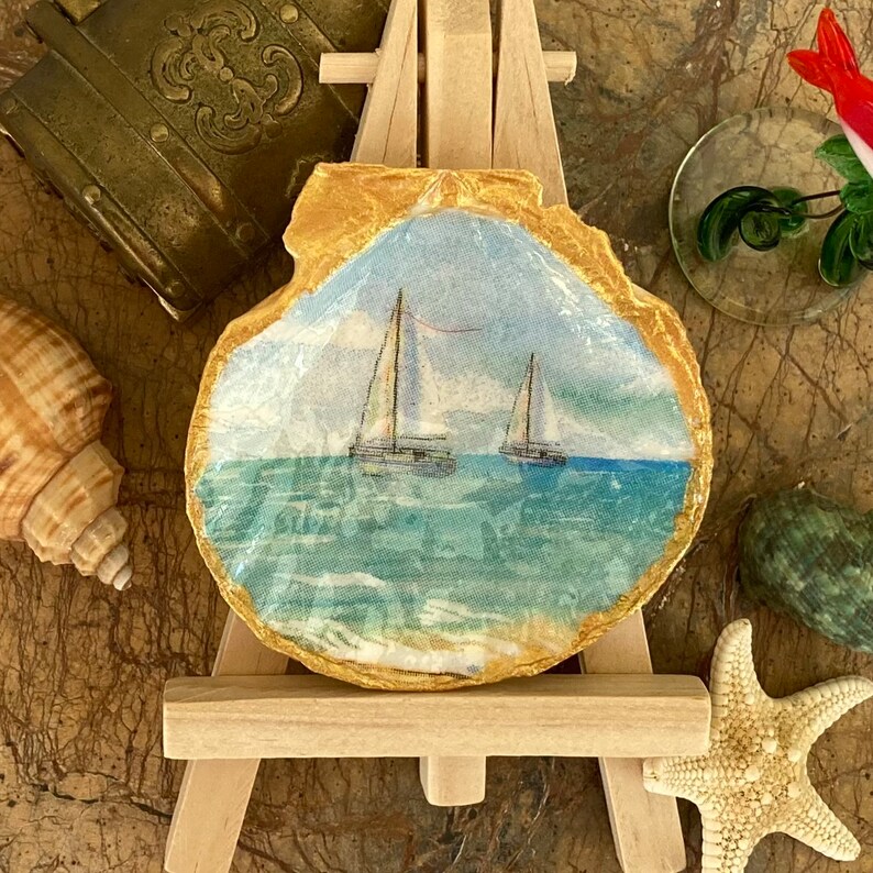 Decoupaged Shell on Easel / Beach Tiered Tray Decor / Nautical Shelf and Table Accent / Mini Art ...