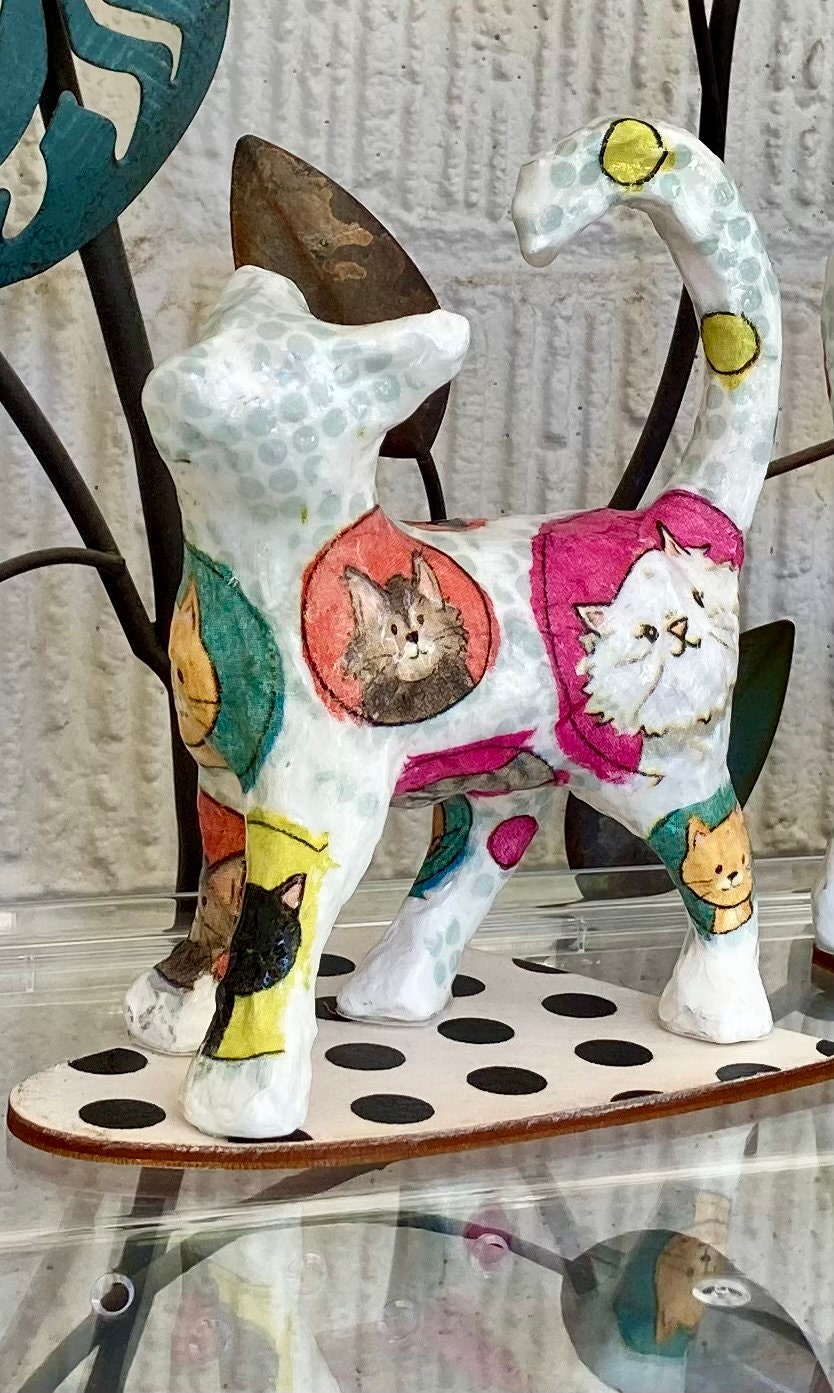 Paper Mache Cat / Feline Decoupaged Sculpture/ Cat Lover Gift / Folk ...