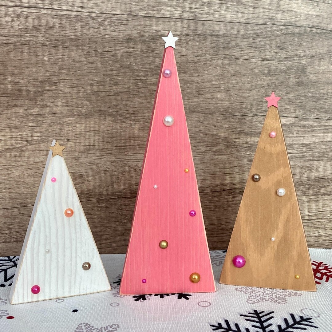Triangle Christmas Trees / Holiday Shelf Decor Set of 3 in Pink, Gold ...