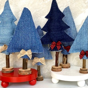 Denim and Wood Mini Trees / Farmhouse Tiered Tray Decor / Rustic Mantle ...