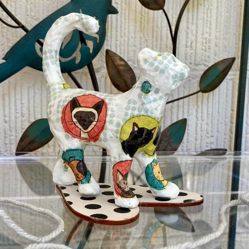 Paper Mache Cat / Feline Decoupaged Sculpture / Cat Lover Gift / Folk ...
