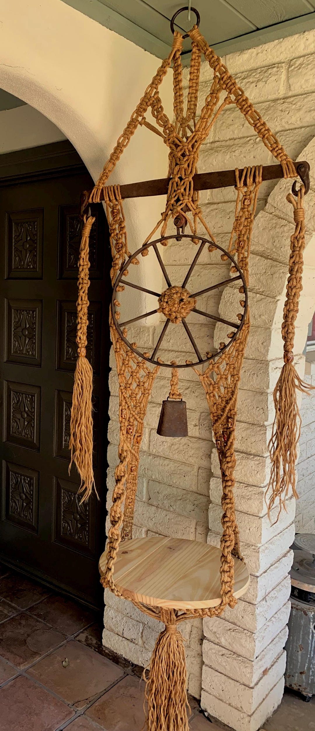 Unique Vintage 60’s Extra Large Hemp Macrame Hanging Table With Cast ...