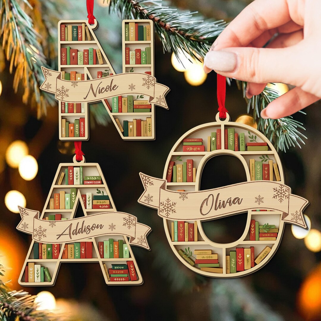 Book Lover Christmas Ornament, Retro Wood Bookcase, Personalized Gift ...
