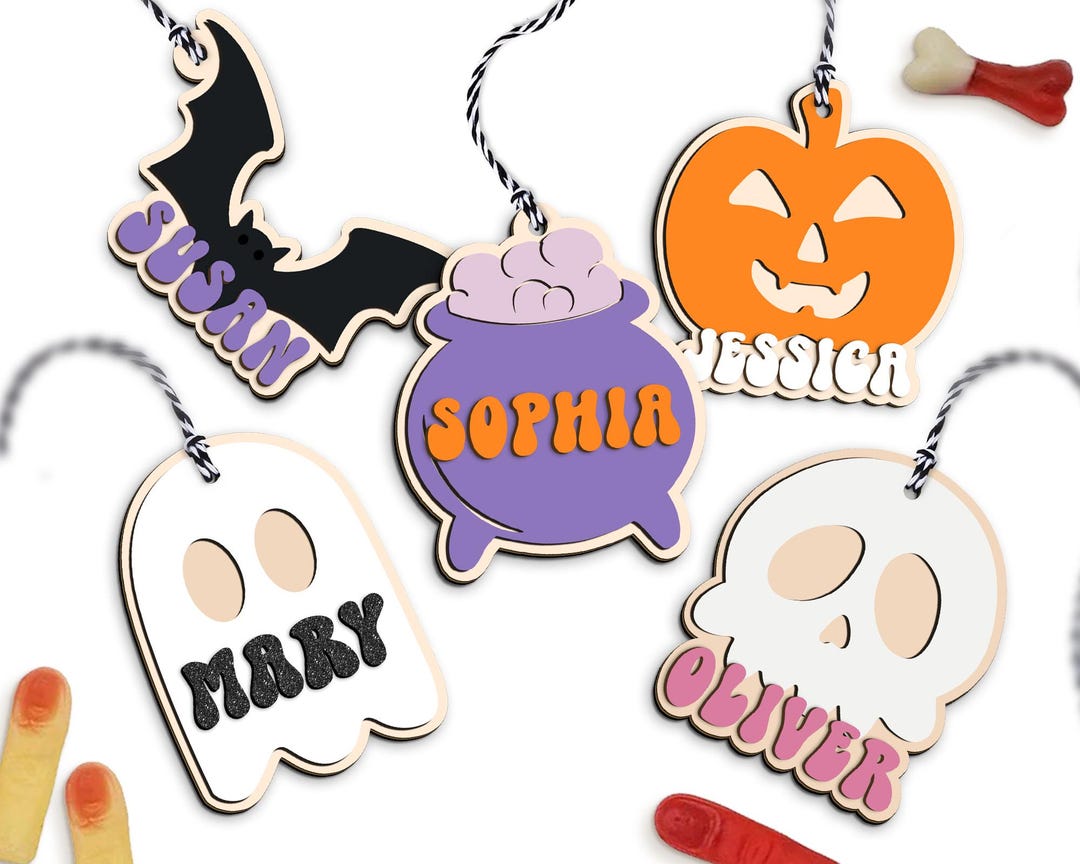 Custom Halloween Name Tag, Wood Halloween Basket Tag, Keychain ...
