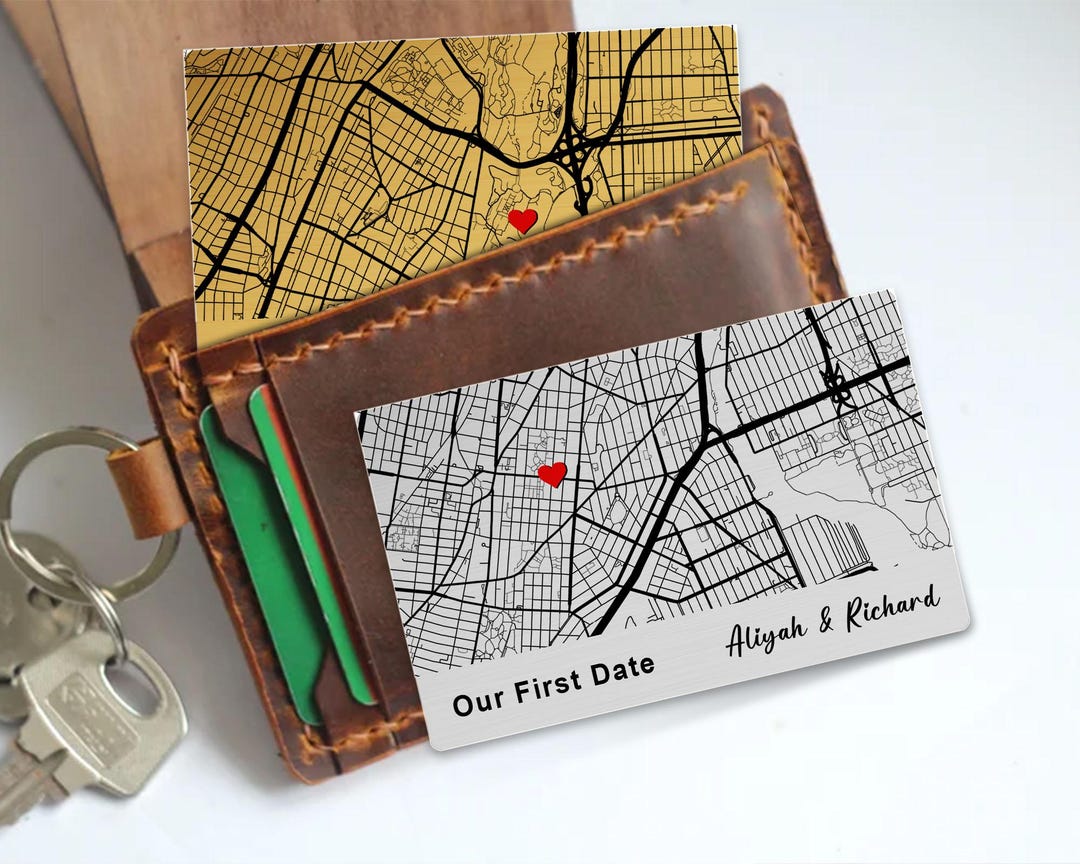 Custom Metal Map Wallet Card, Our First Date Custom Anniversary Gift ...