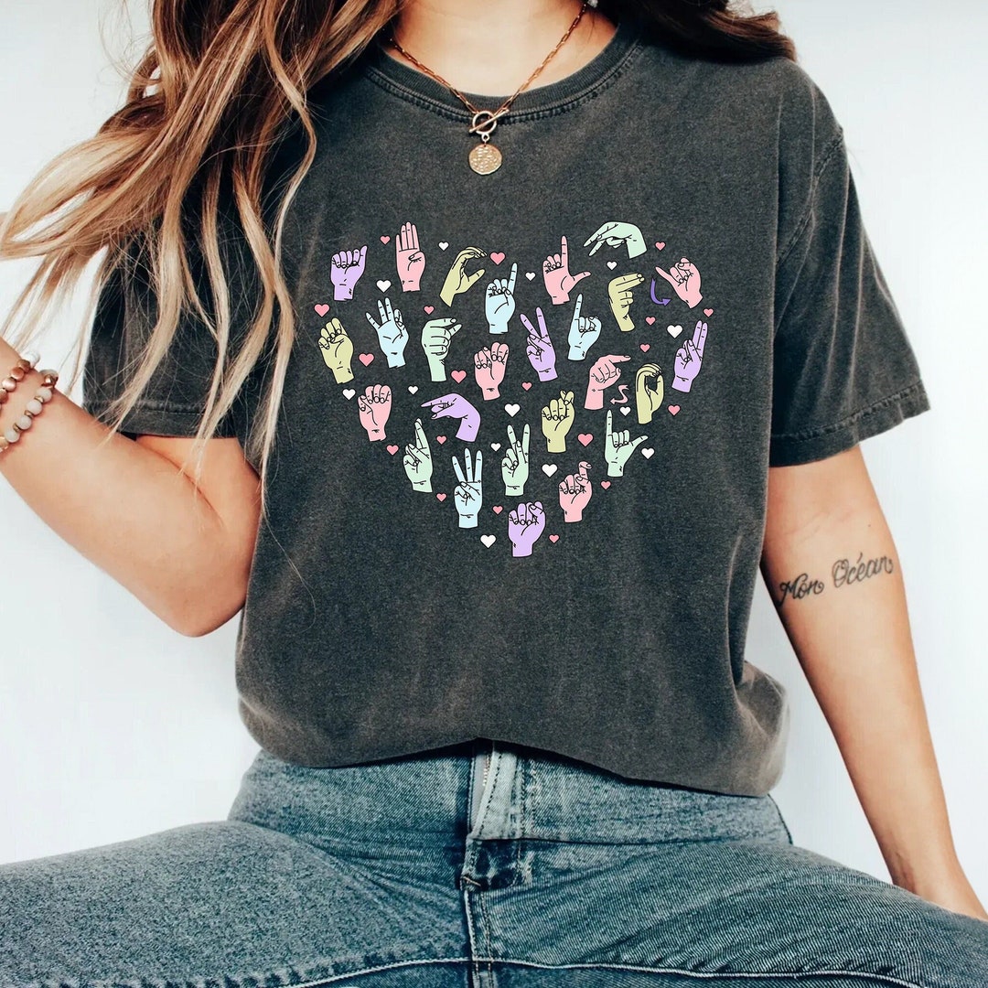 ASL Heart Alphabet Teacher Comfort Colors Shirt, Sign Language Shirt ...