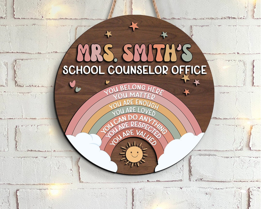 Personalized School Counselor Wooden Name Sign: Rainbow Classroom Decor ...