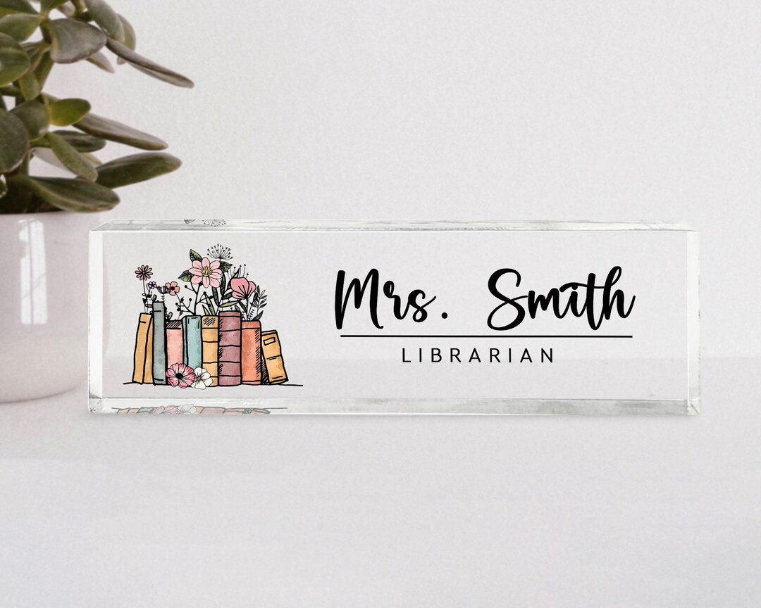 Personalized Teacher Desk Name Plate: Floral Books, Librarian Gift - Etsy