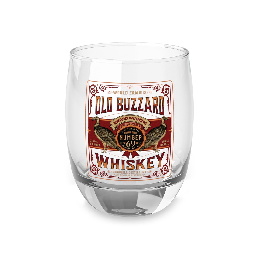 Whiskey Bar Glass, Curved Rocks Glass, Funny Label, Old Buzzard Whiskey ...