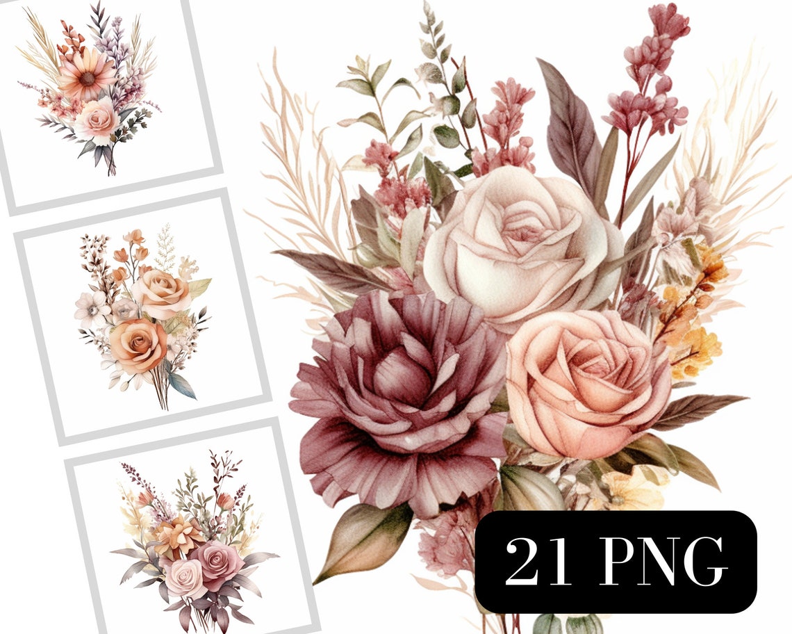 Boho Floral Bouquet PNG Clip Art, Print Digital Crafting Bundle ...