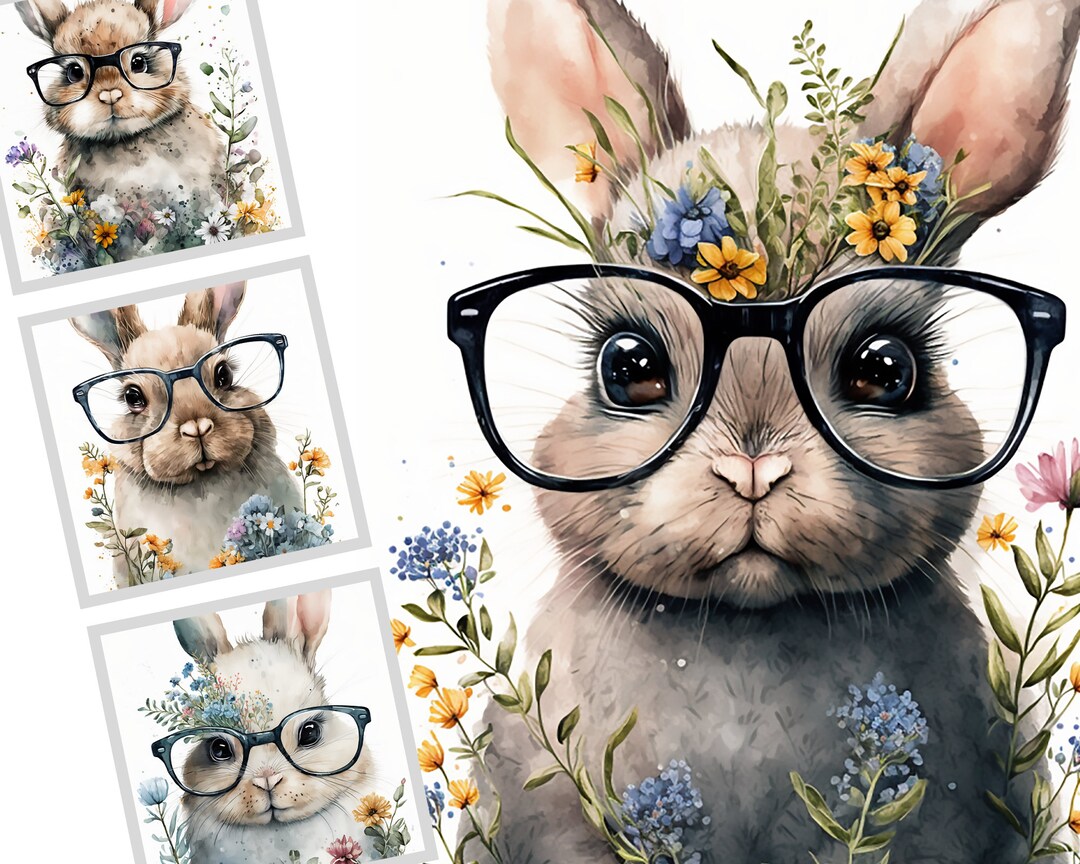 Watercolor Bunny Clipart Bundle: 18 Cute Bunnies With Glasses PNG ...