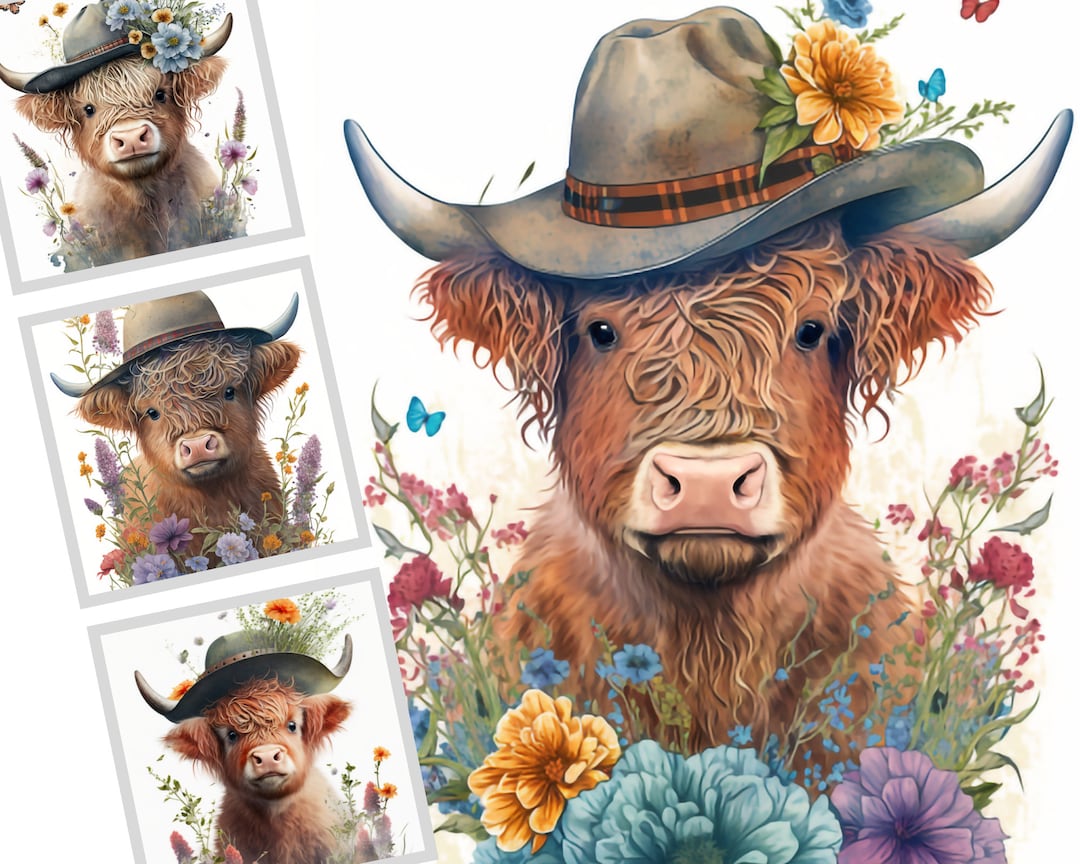 Cute Highland Cow Wearing Cowboy Hat PNG, Watercolor Clipart, Cute Baby ...