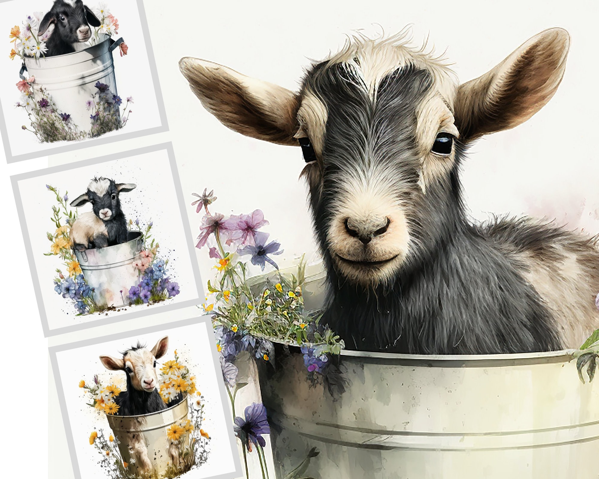 Baby Goat in a Bucket Watercolor Clipart Cute Goat & Bucket Baby Goat ...