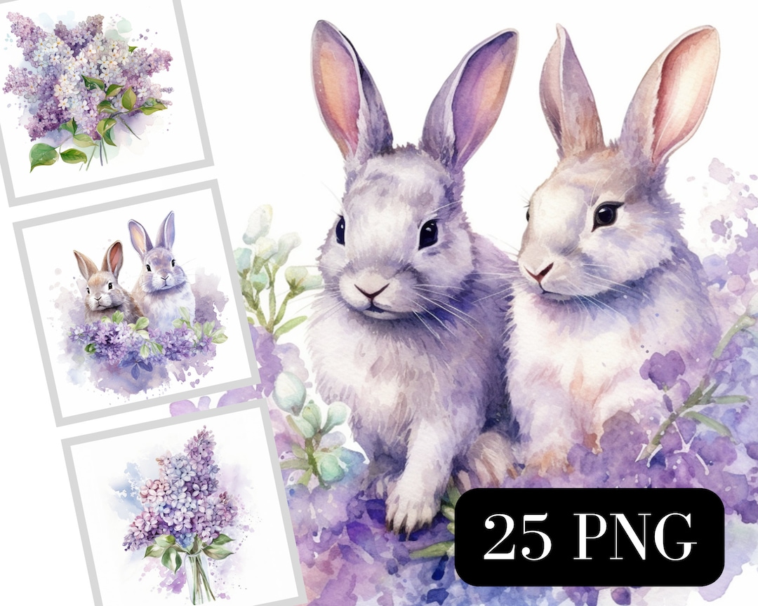 Watercolor Lilac Rabbit Clipart PNG Clip Art Bundle, Wedding Graphics ...