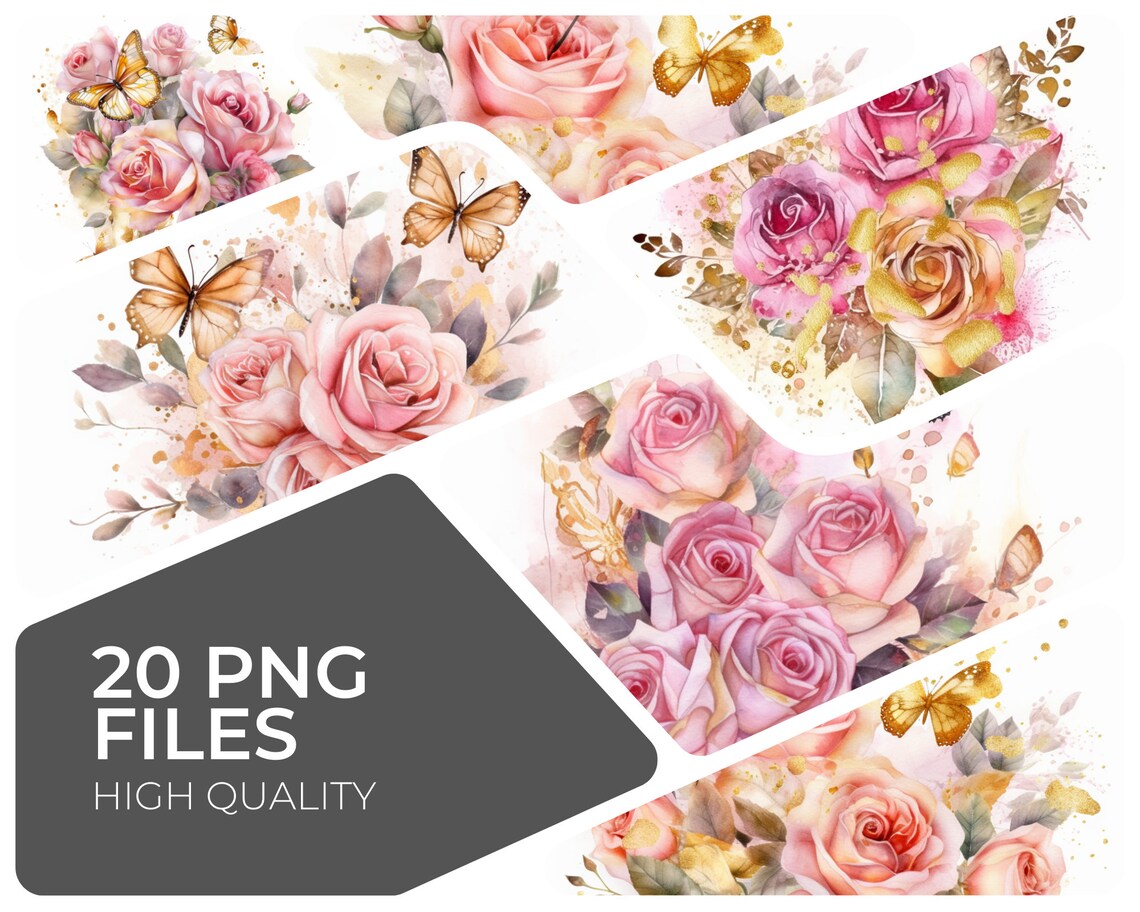 Pink and Gold Floral Clip Art, Instant Digital Download, Painted Water ...