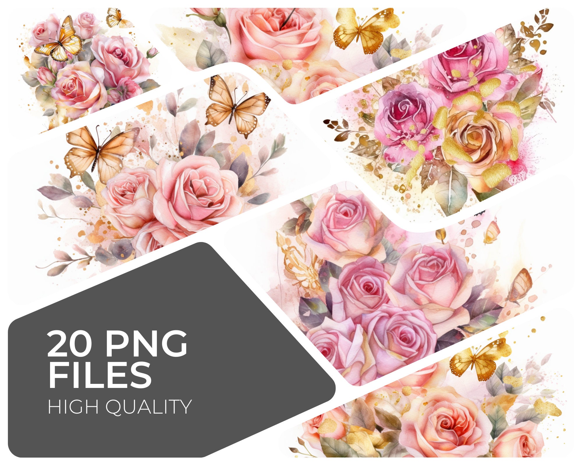 Pink and Gold Floral Clip Art, Instant Digital Download, Painted Water ...