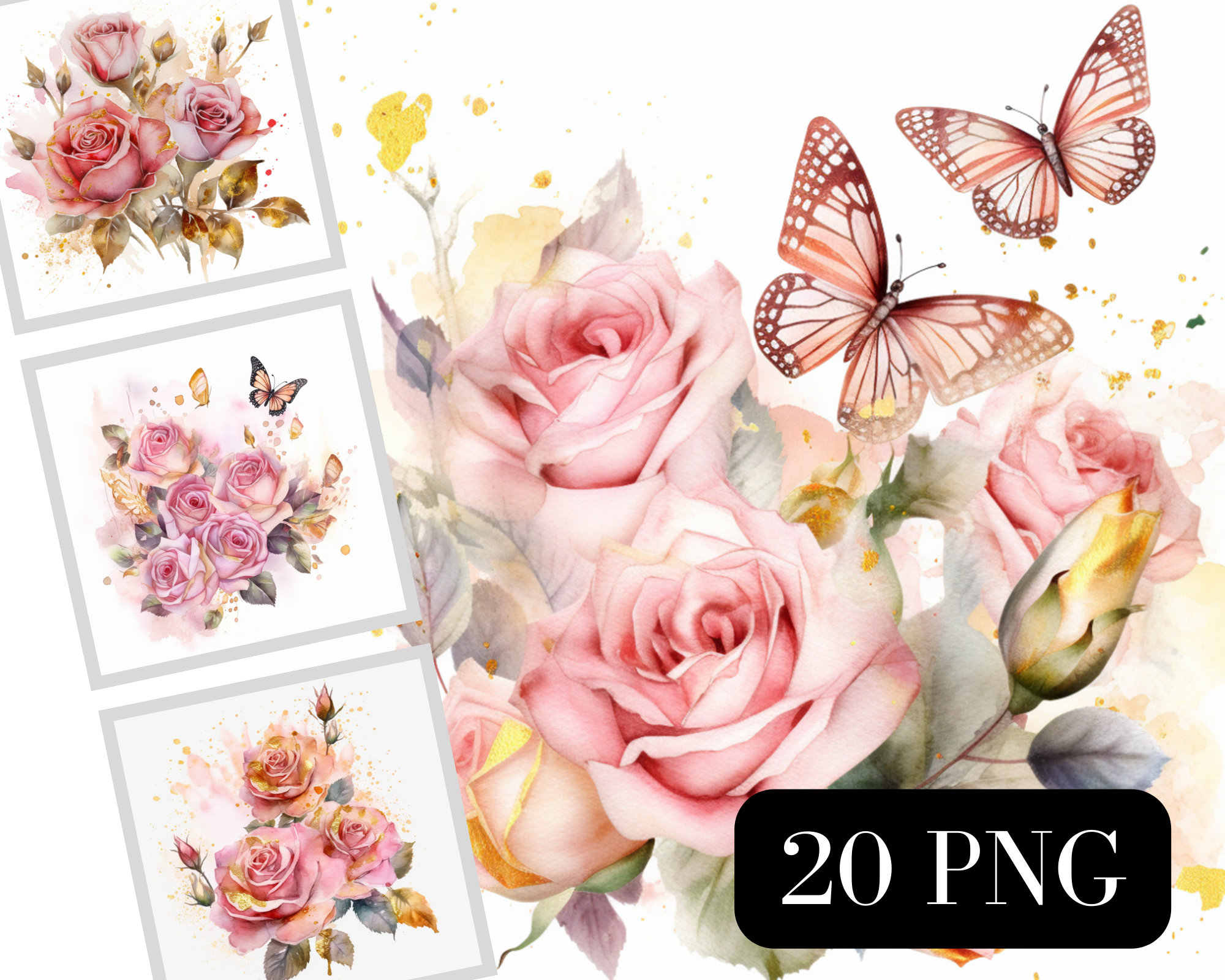 Pink and Gold Floral Clip Art, Instant Digital Download, Painted Water ...